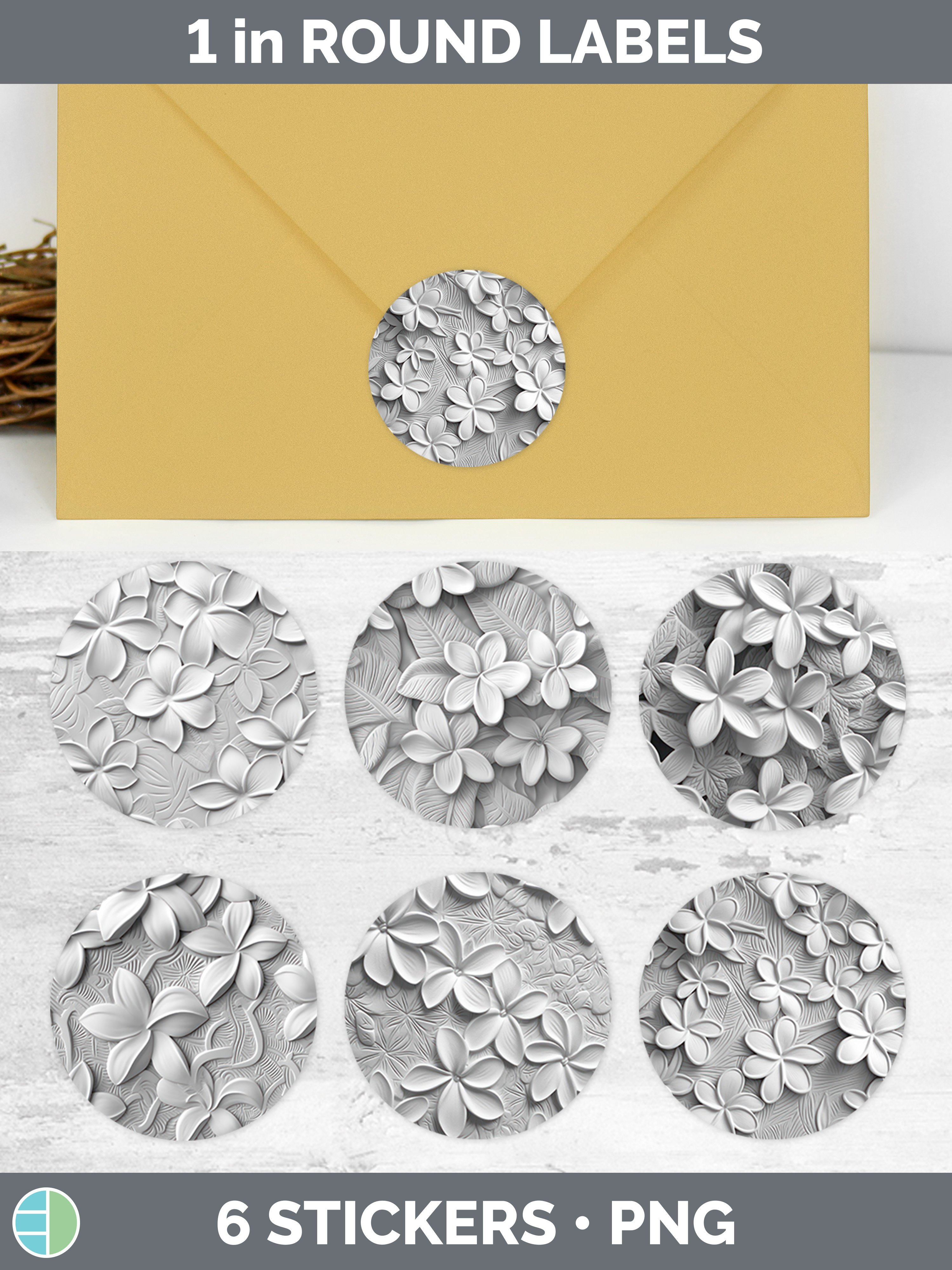 3D White Plumeria Flowers Stickers | Round Labels Designs Bu