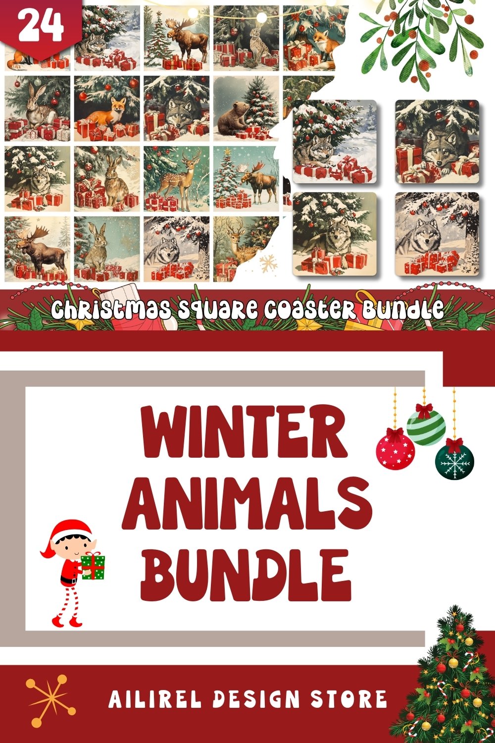 Winter Animals Square Coaster Bundle, Cozy Christmas Bundle