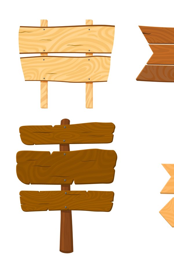 Cartoon wooden pointers. Wood pointer stick, arrows sign. Ui