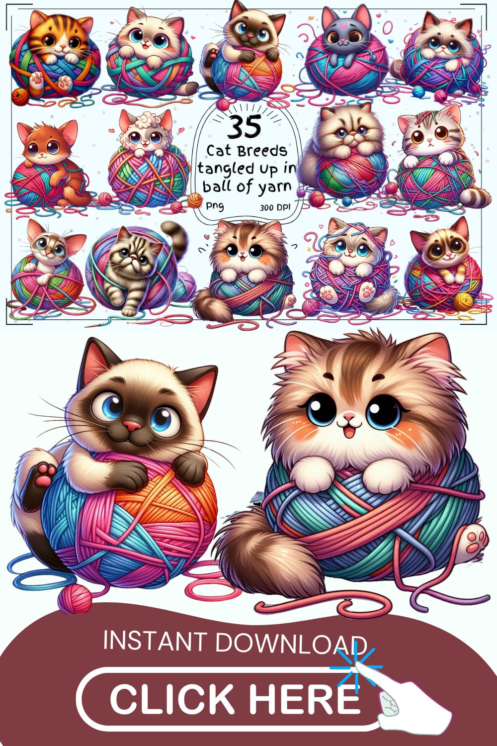 35 cats Tangled in Yarn Clipart Collection