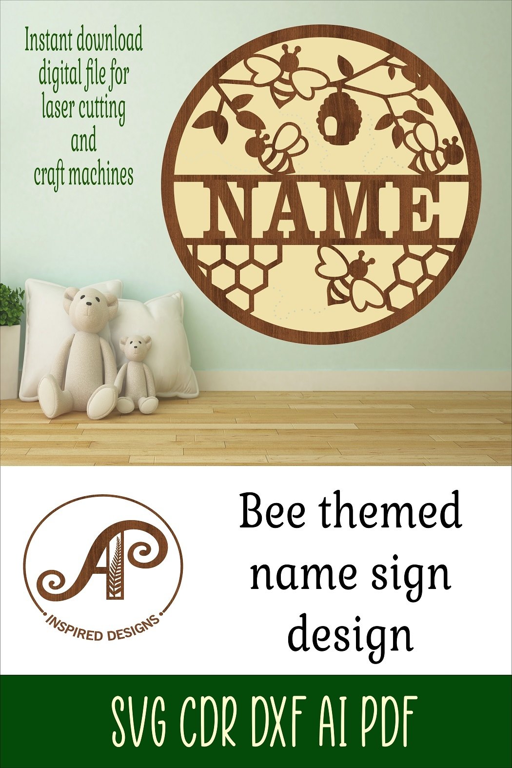 Bee theme Name sign svg laser cut template (2540375)