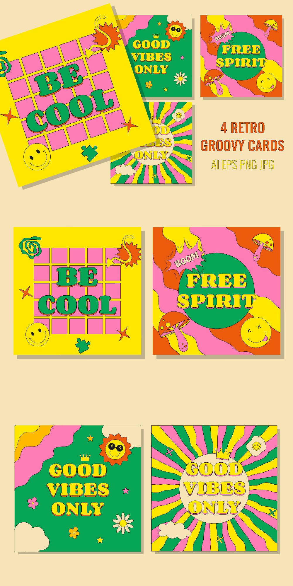 Set of Retro Groovy cards