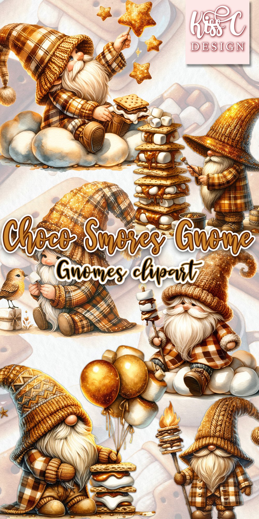 Watercolor Smores Gnomes PNG Clipart. Cute Smores Gnome.