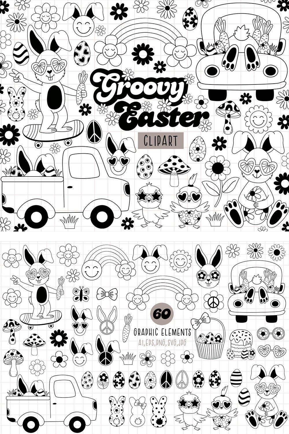 Easter Groovy, Groovy Bunny Clipart, Black and white, Retro