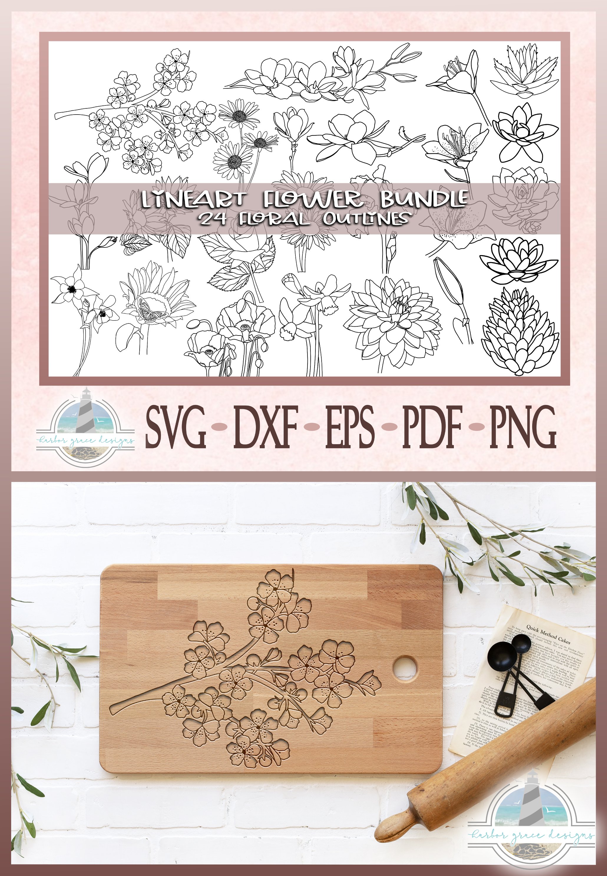 Flower SVG | Flower and Leaf Lineart Bundle | Floral Outline