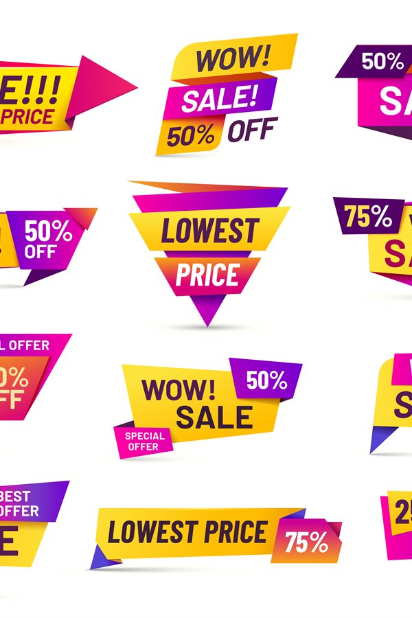 Sale badges. Discount price tag sticker, vivid advertising o