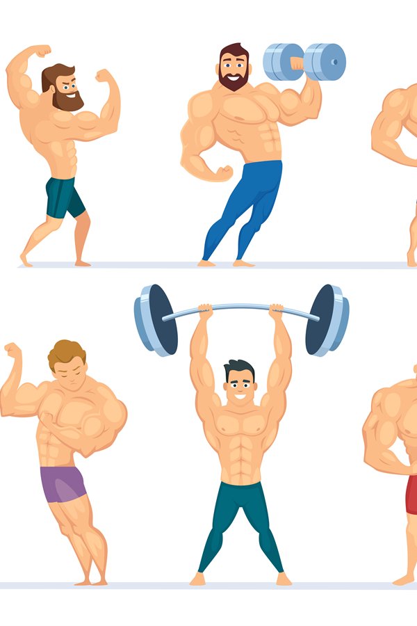 Muscular man. Gym characters sport people making exercises b