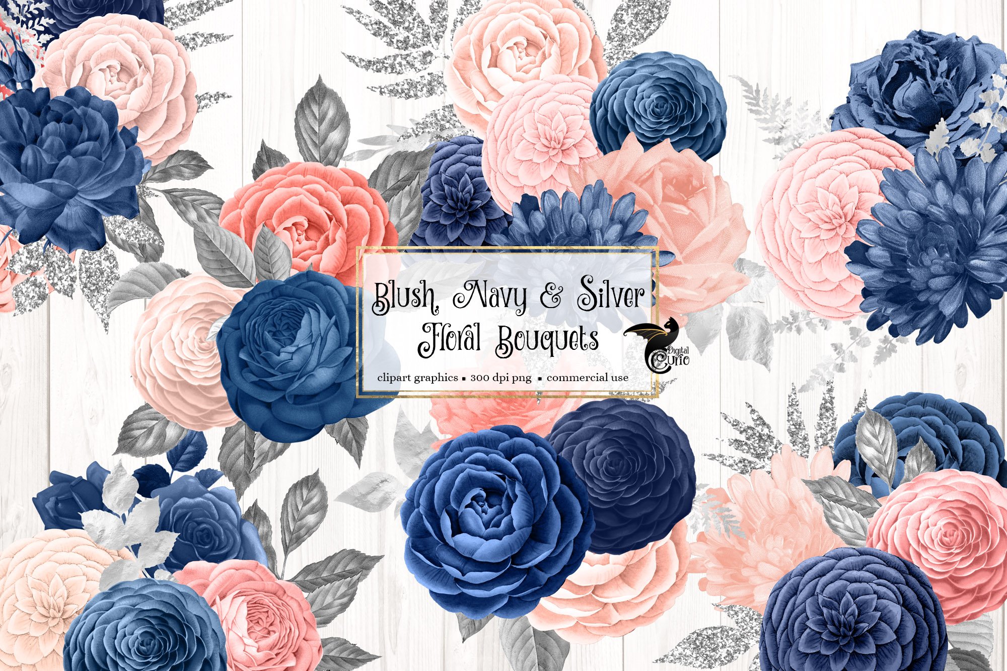 Blush Navy and Silver Floral Clipart