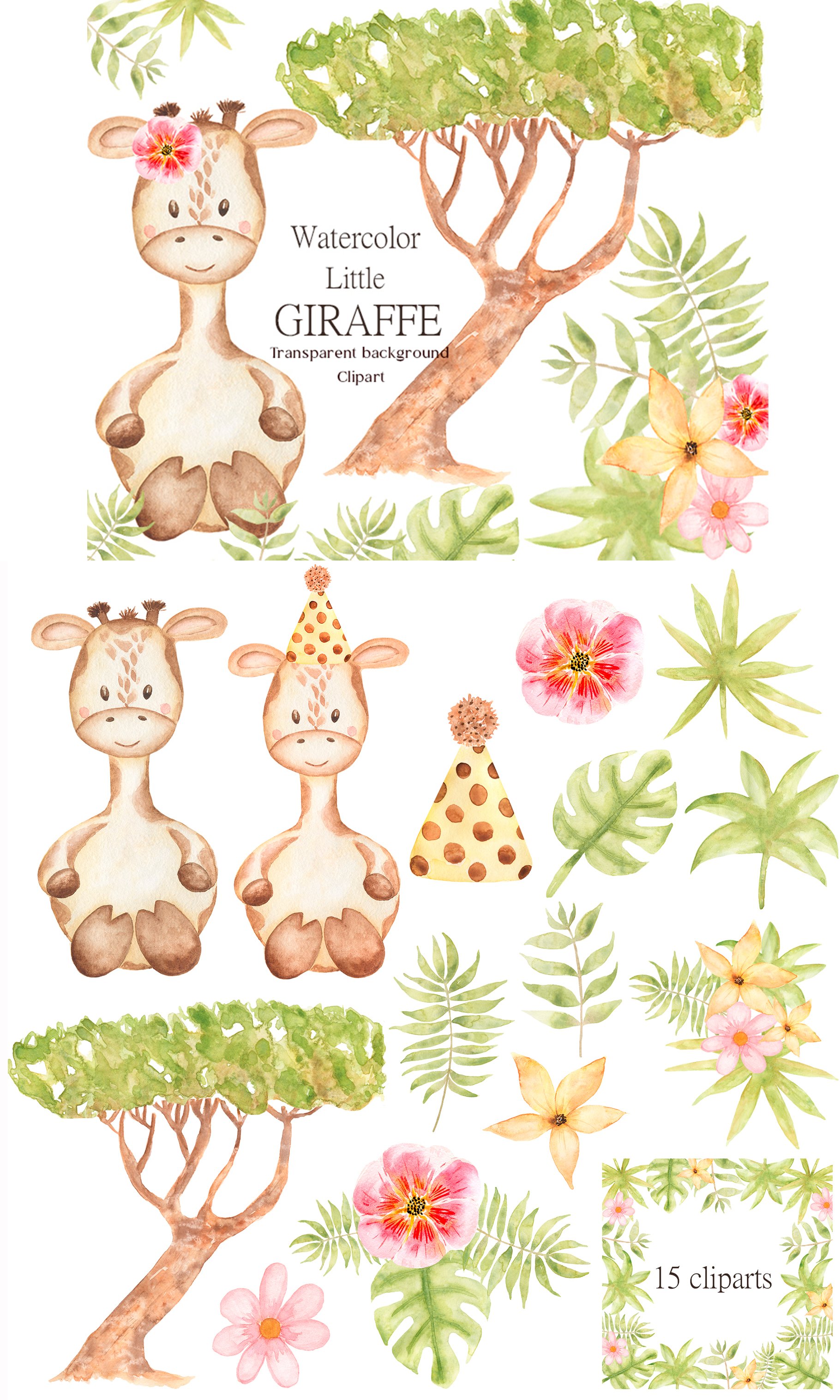 Watercolor Cute Giraffe Clipart Set