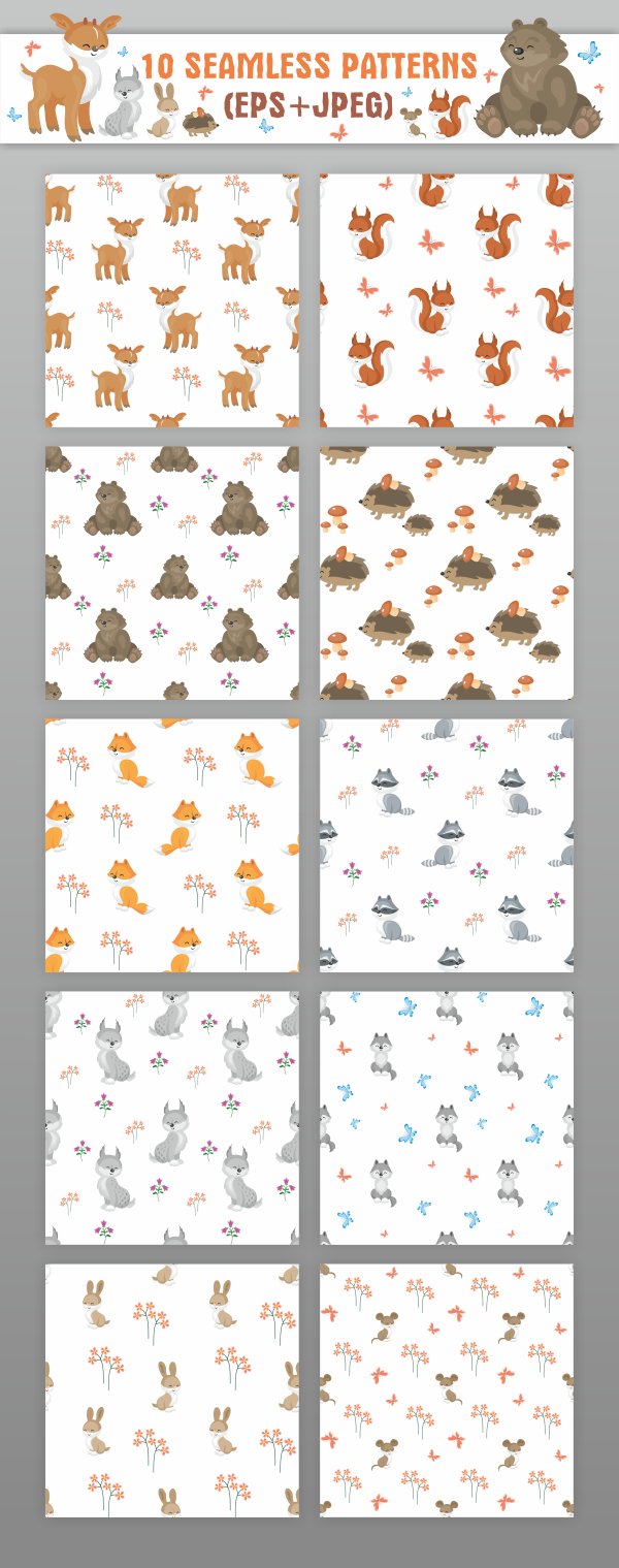 Woodland animals. Seamless patterns set.