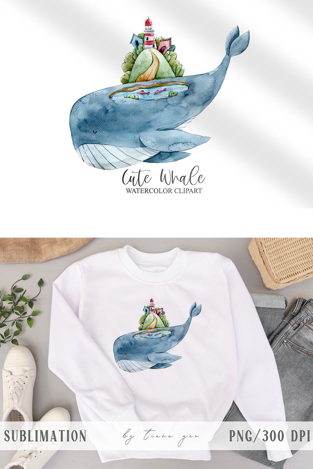Cute watercolor whale clipart -1 png file for sublimation