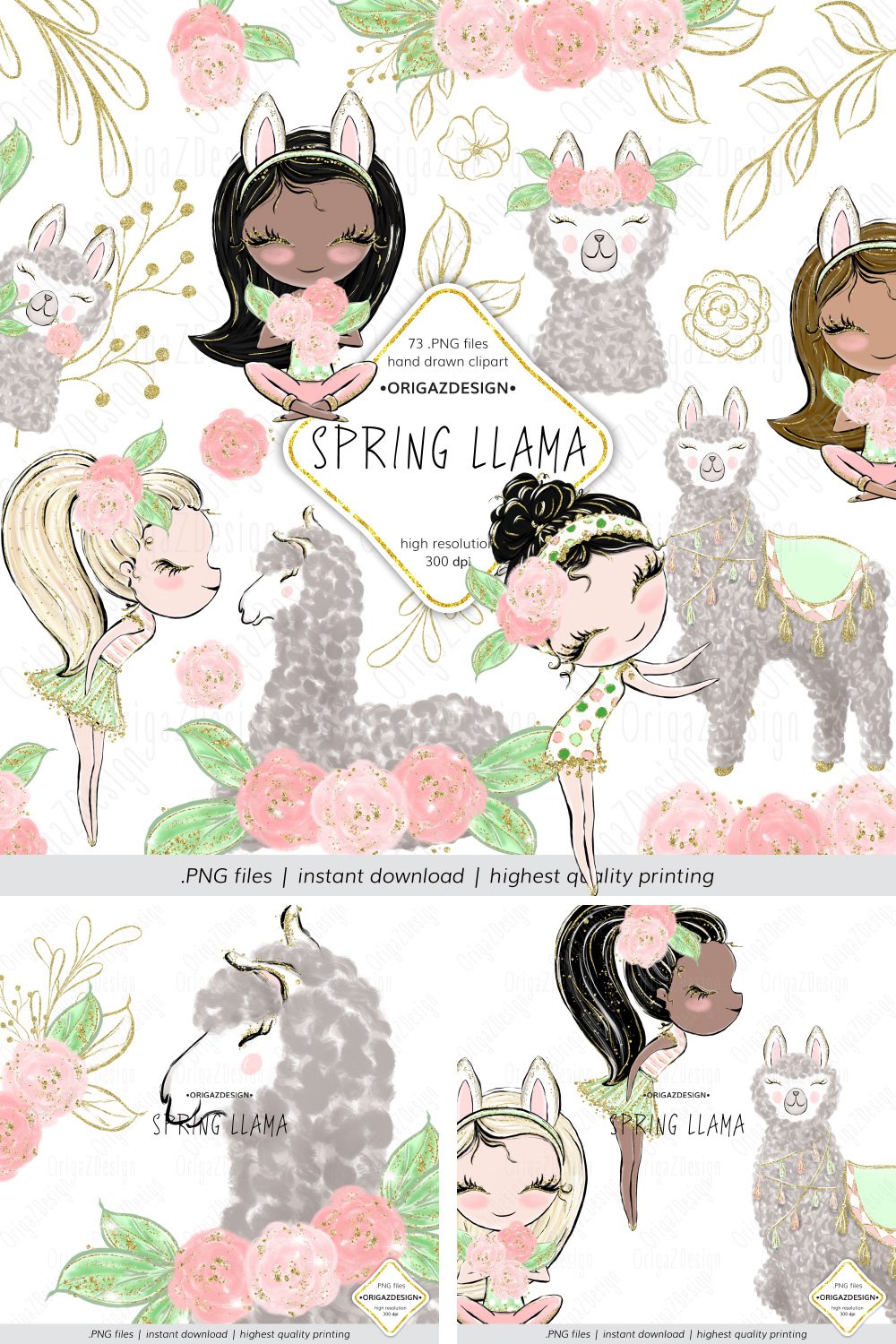 Spring Llama Clipart, No drama Llama Head Alpaca with flower