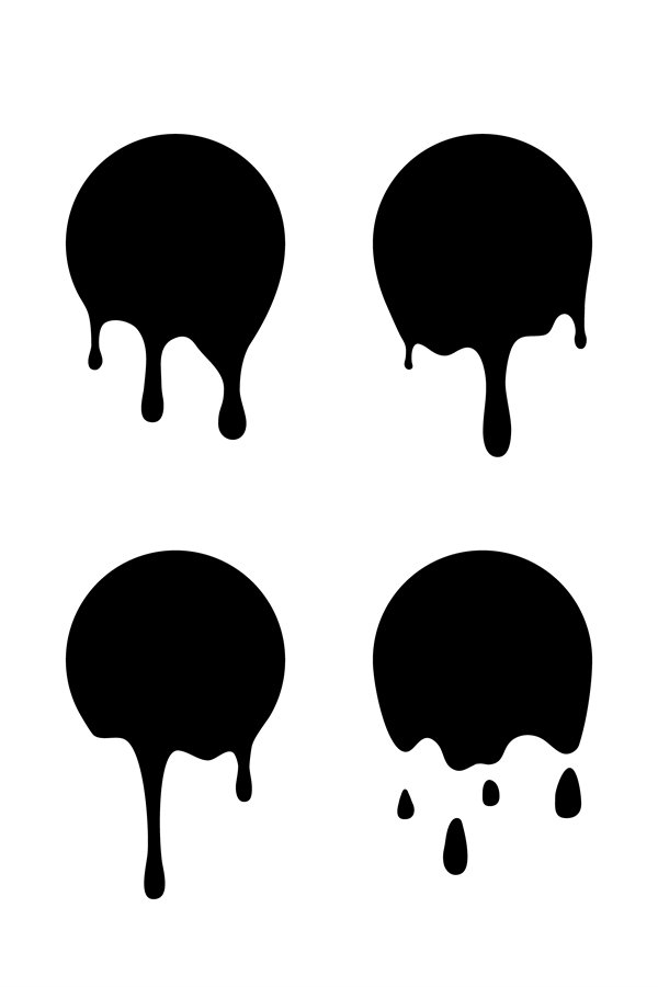 Drip paint stickers. Black melted badges. Ink stains. Drippi