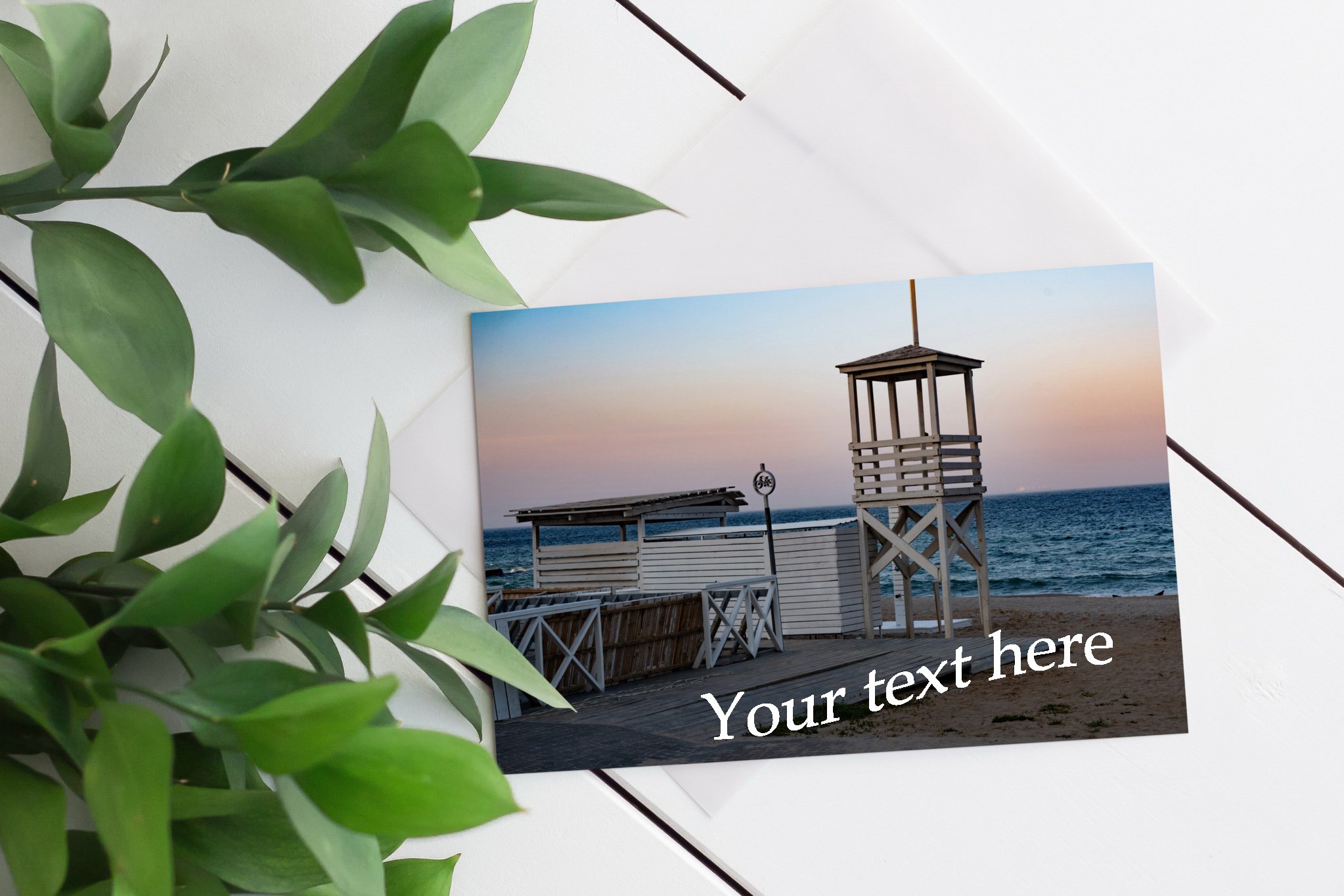Summer beach landscape with baywatch tower. Set of 4 photos