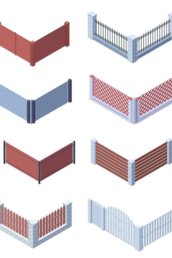 Isometric garden or suburban house 3d gate fences. Wooden, m