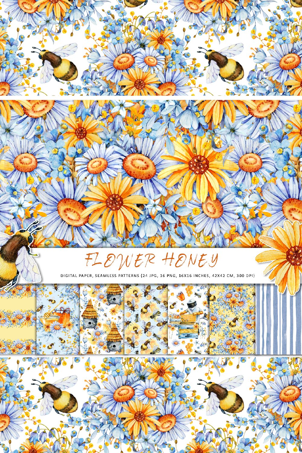 Flower honey seamless patterns, floral digital paper