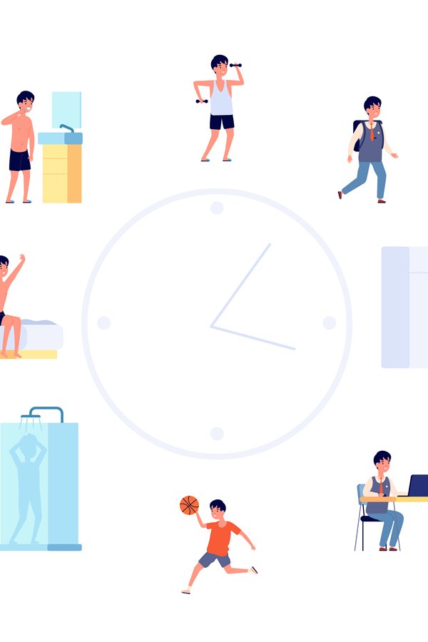 Daily life schedule. Cartoon kid routine, boy activities. Fl