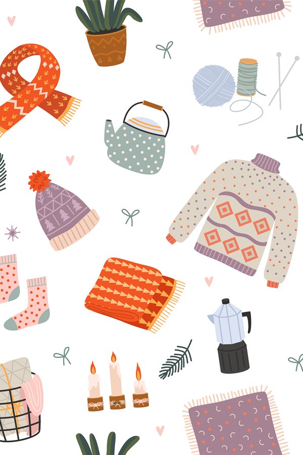 Cozy home objects seamless pattern. Comfortable atmosphere i