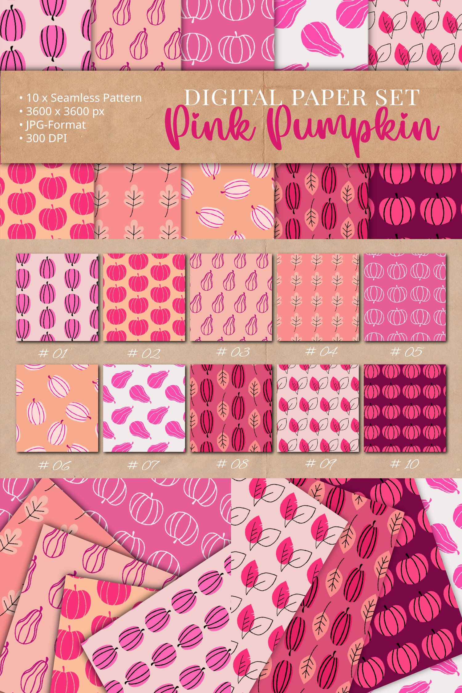 Pink Pumpkin Pattern Set - 10 seamless Patterns