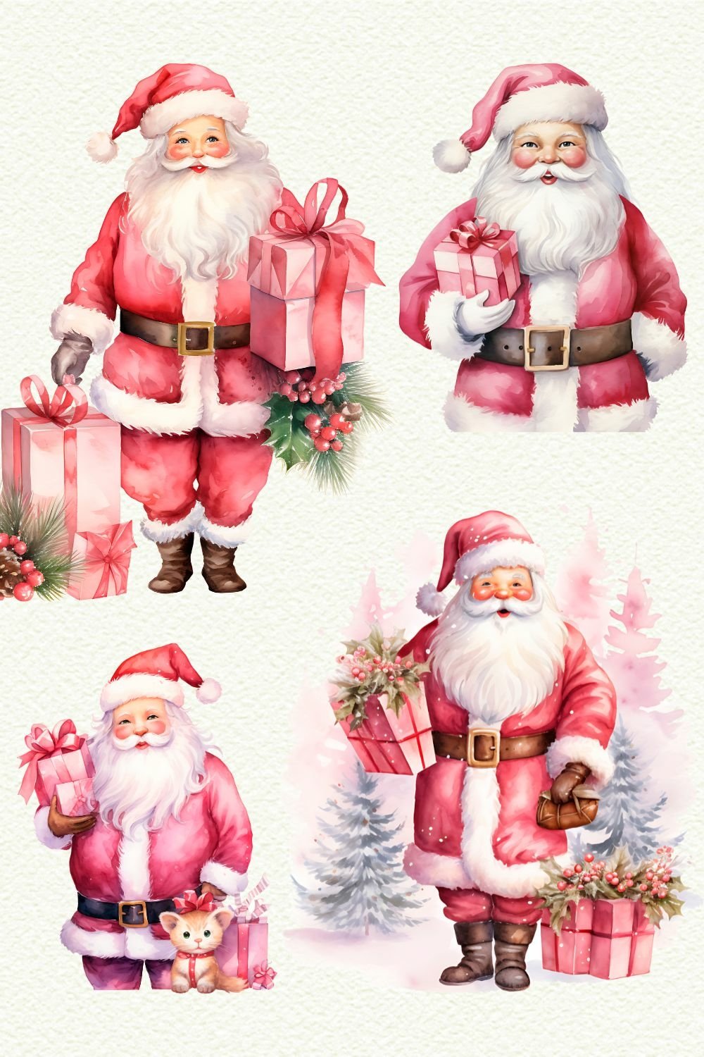 Cute Santa PNG Pink Christmas Watercolor Clipart (4845343)