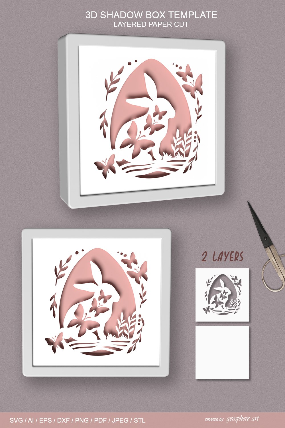 3D Easter bunny Layered papercut SVG Shadow box template STL