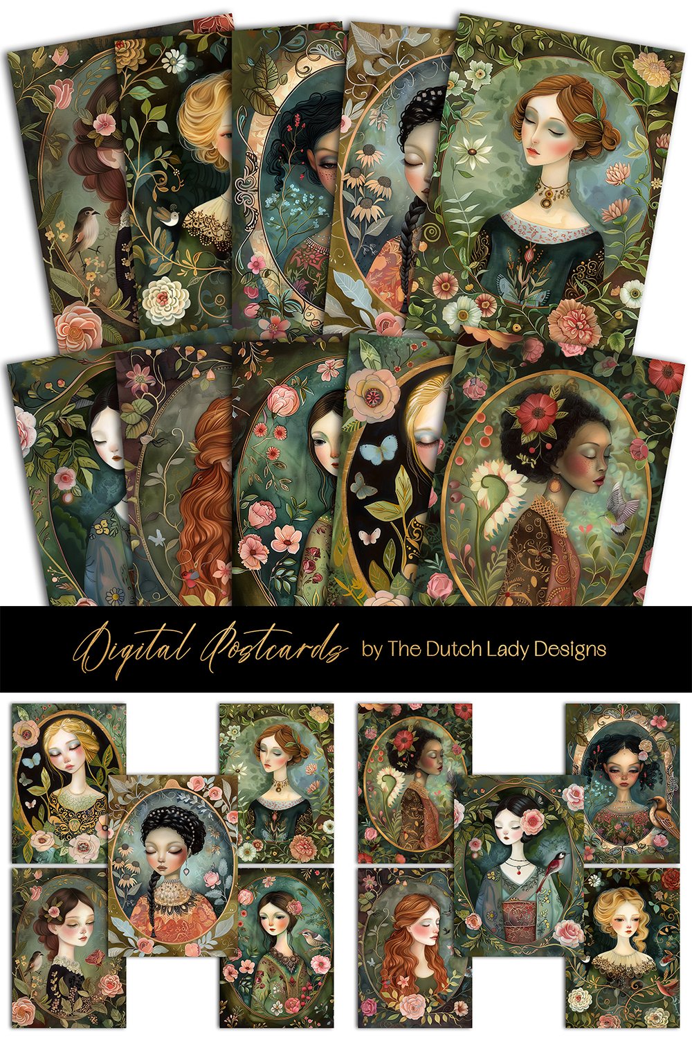 Floral Lady Portraits Postcard and Art Print Set