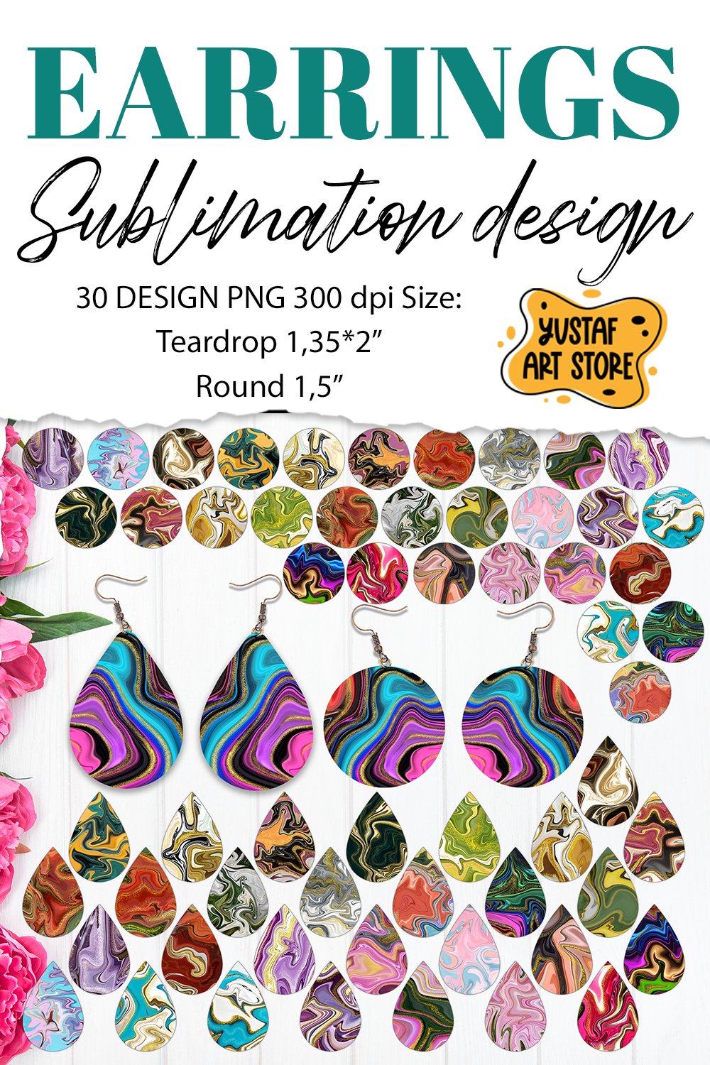 Earrings Sublimation Bundle. Teardrop and Round 30 design