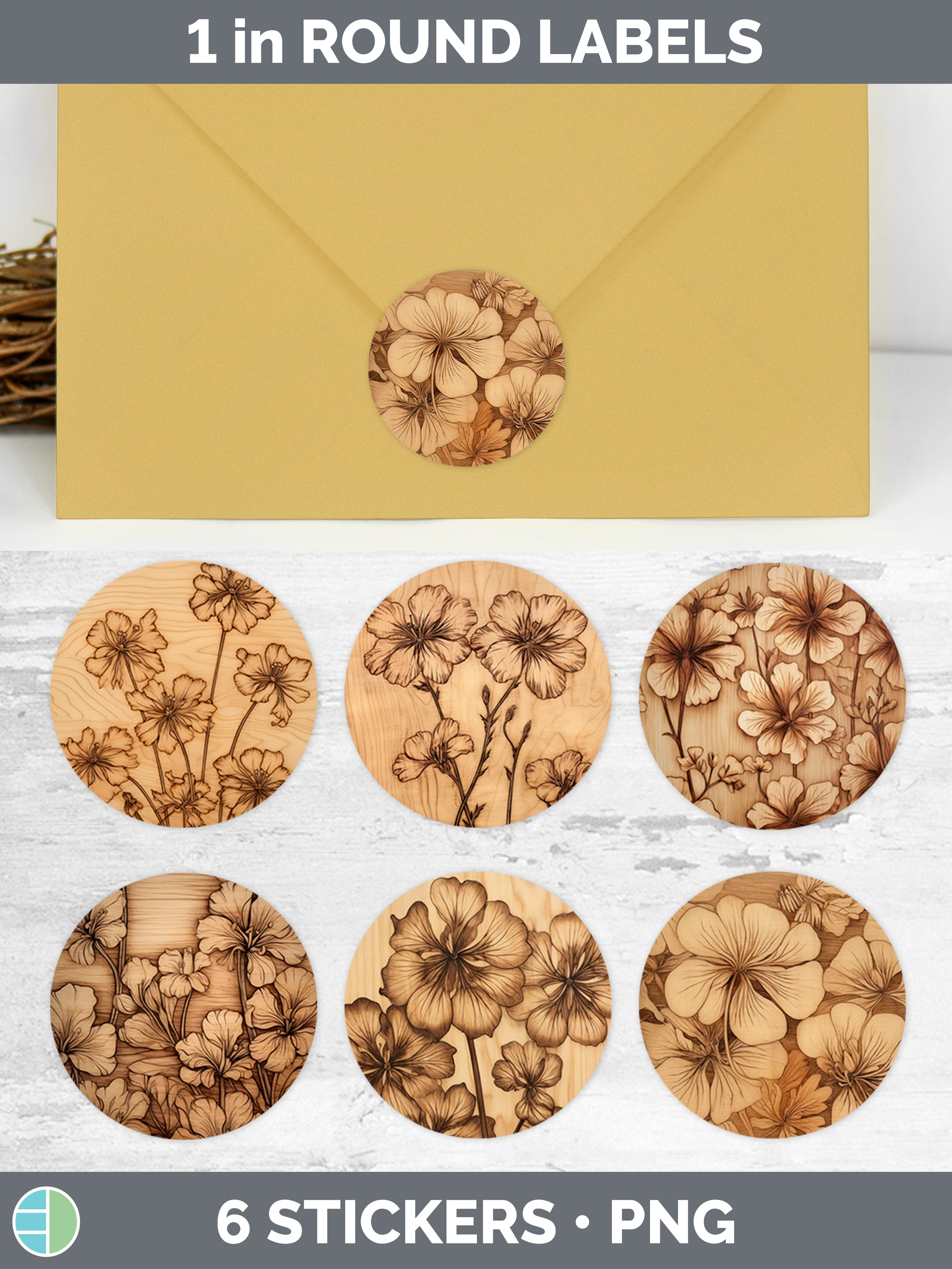 Wood Burned Geranium Flowers Stickers | Round Labels Designs