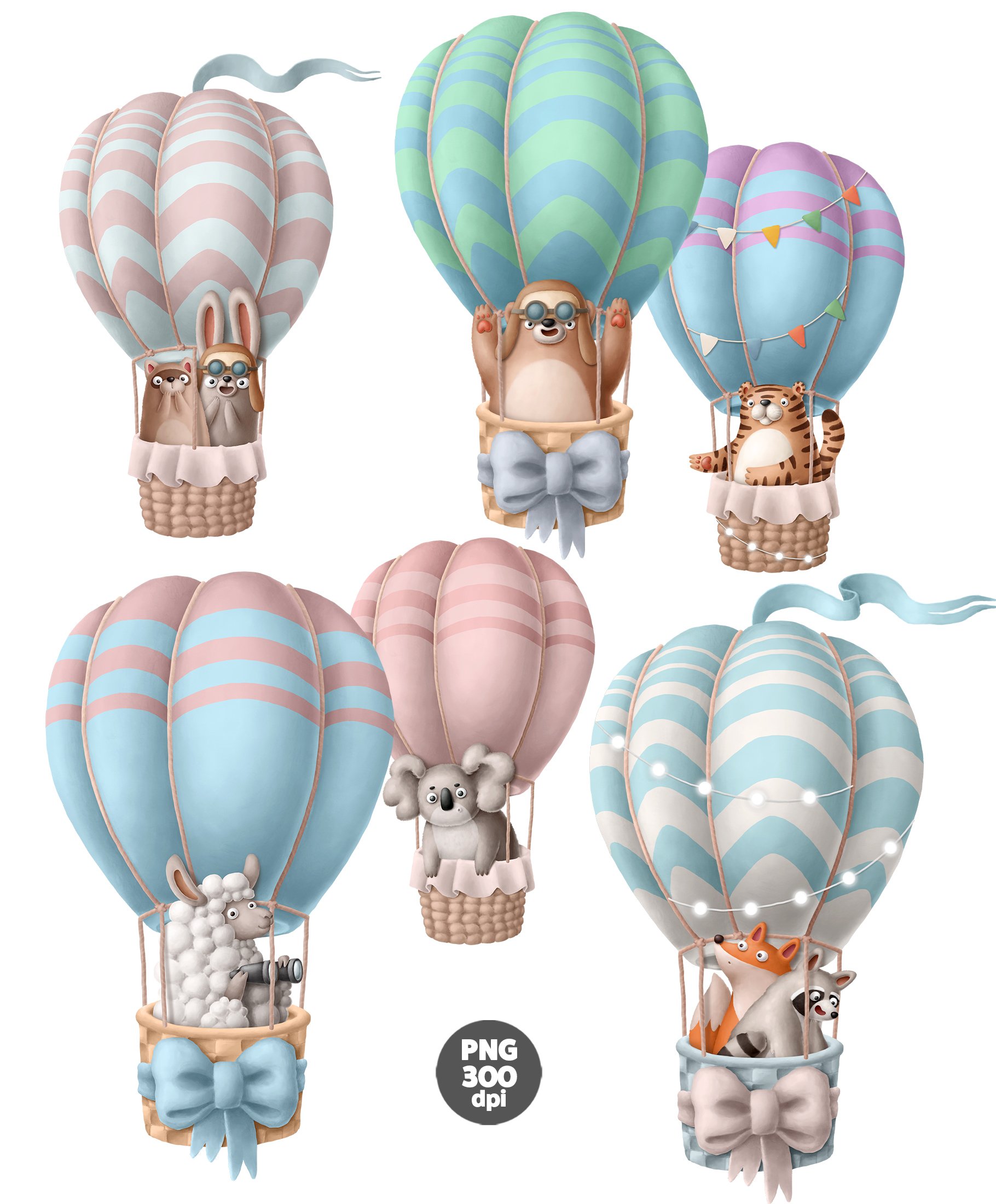 Hot air balloon with animals cute clipart set (929868)