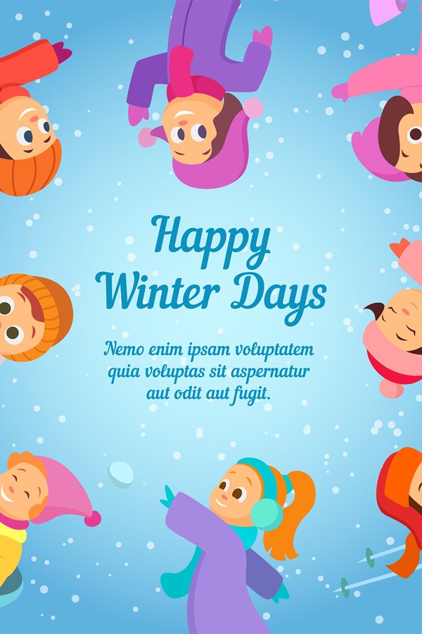 Winter background with happy school kids. Poster template wi
