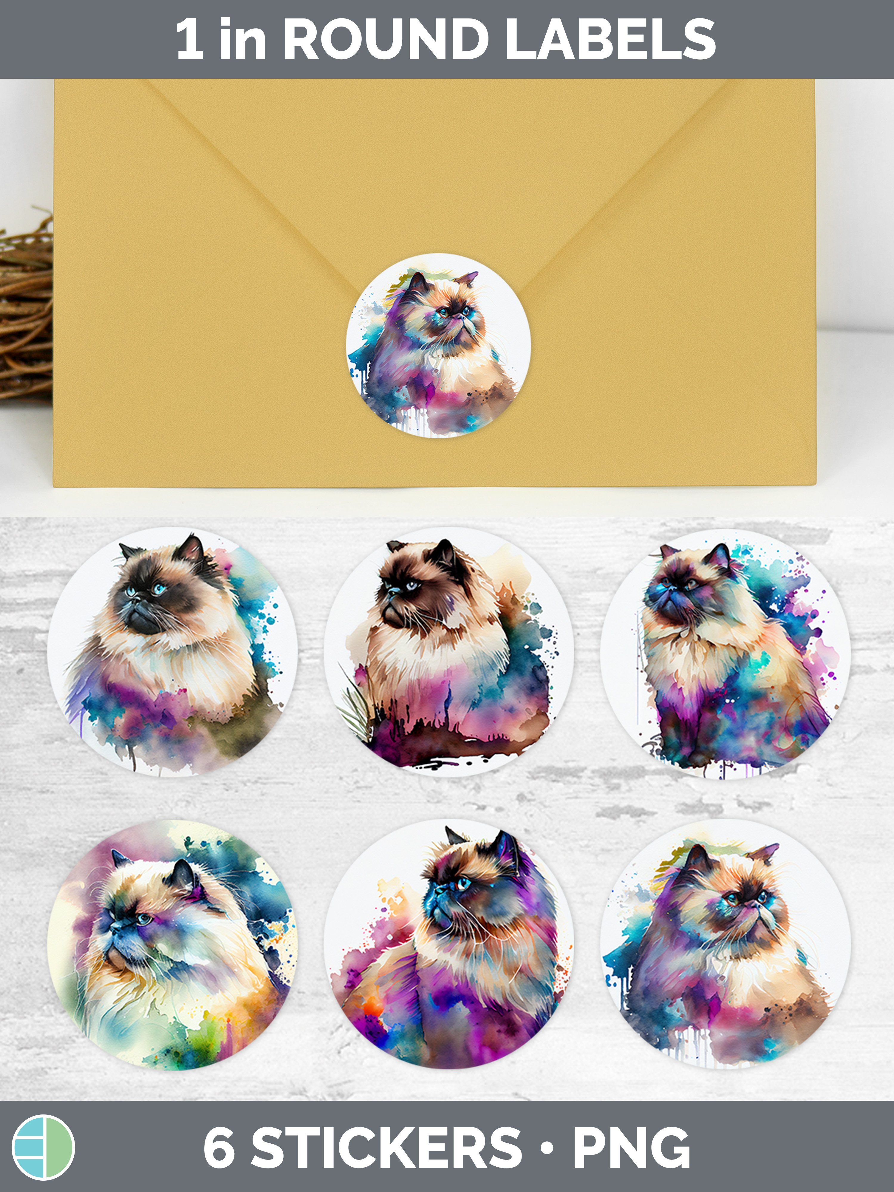 Rainbow Himalayan Cat Stickers | Sticker 1in Round Labels PN