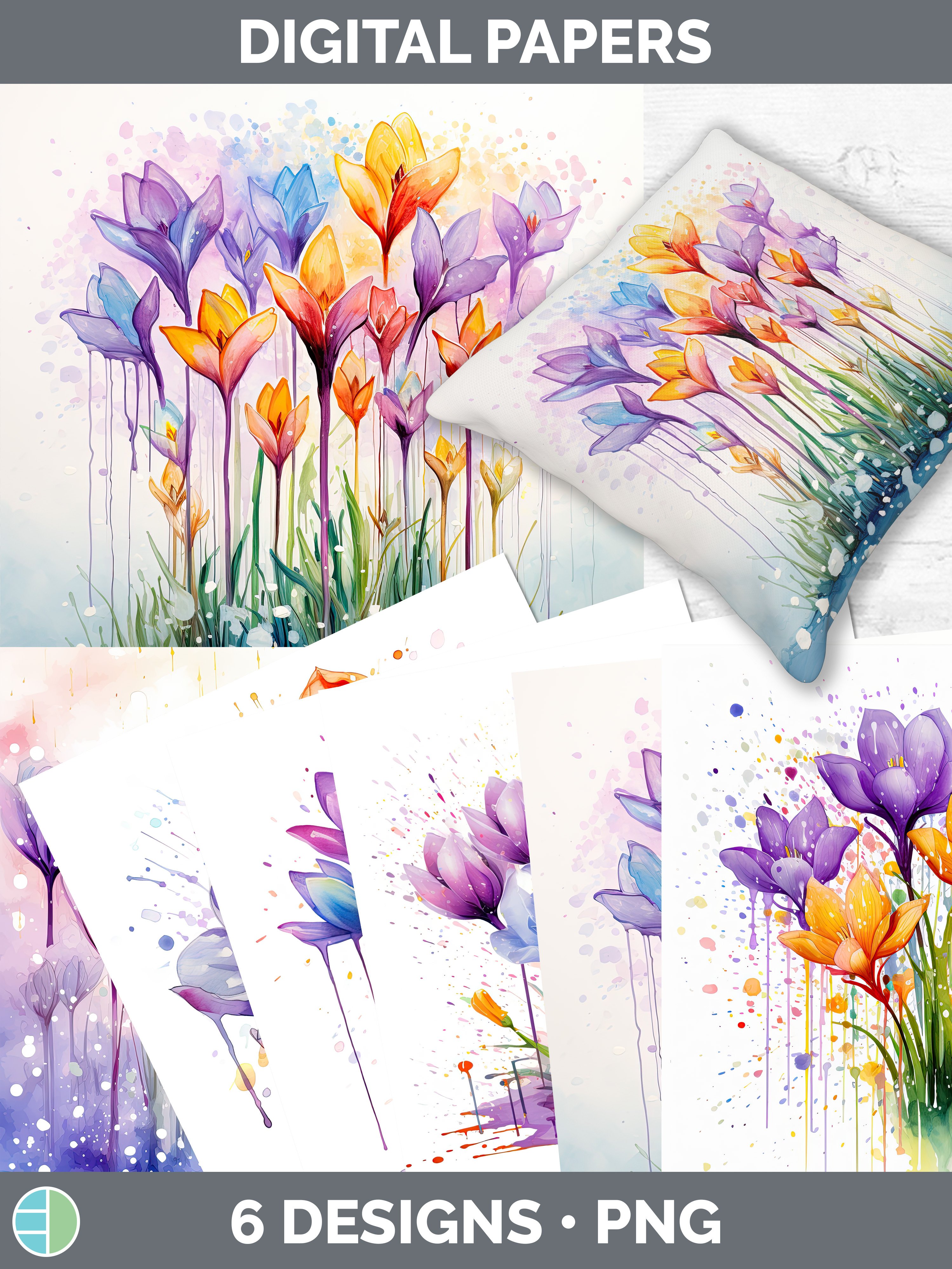 Splat Rainbow Crocus Flowers Paper Backgrounds | Bundle Digi