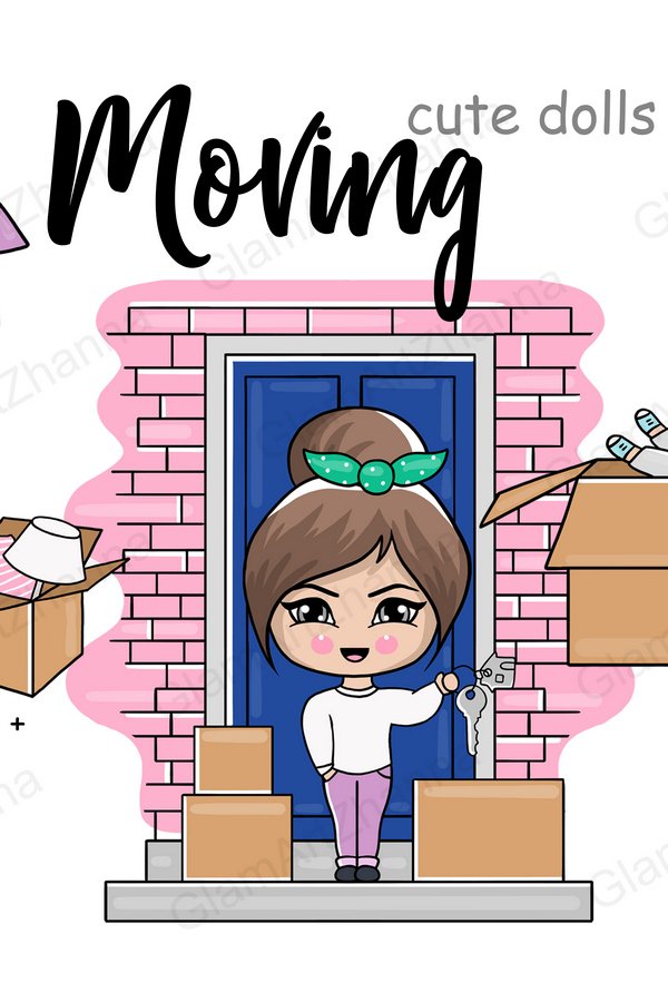 Moving CUTE DOLLS Move Household Boxes Clipart PNG Files