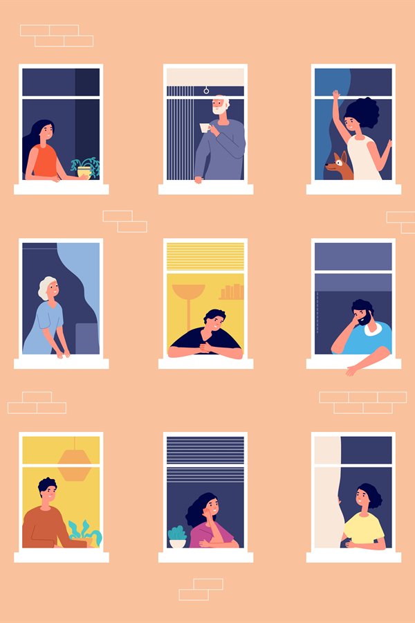 People in windows. Home exterior, neighbors community greeti
