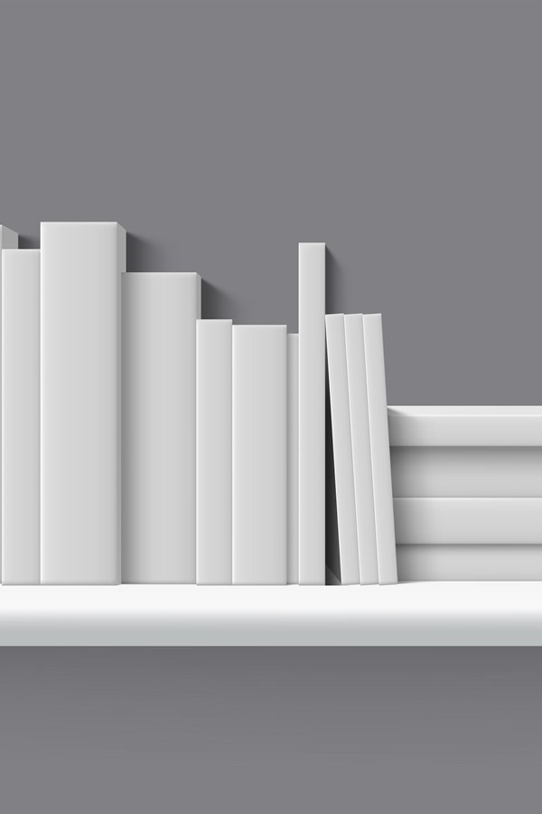 Realistic books on bookshelf. Library, home or school booksh