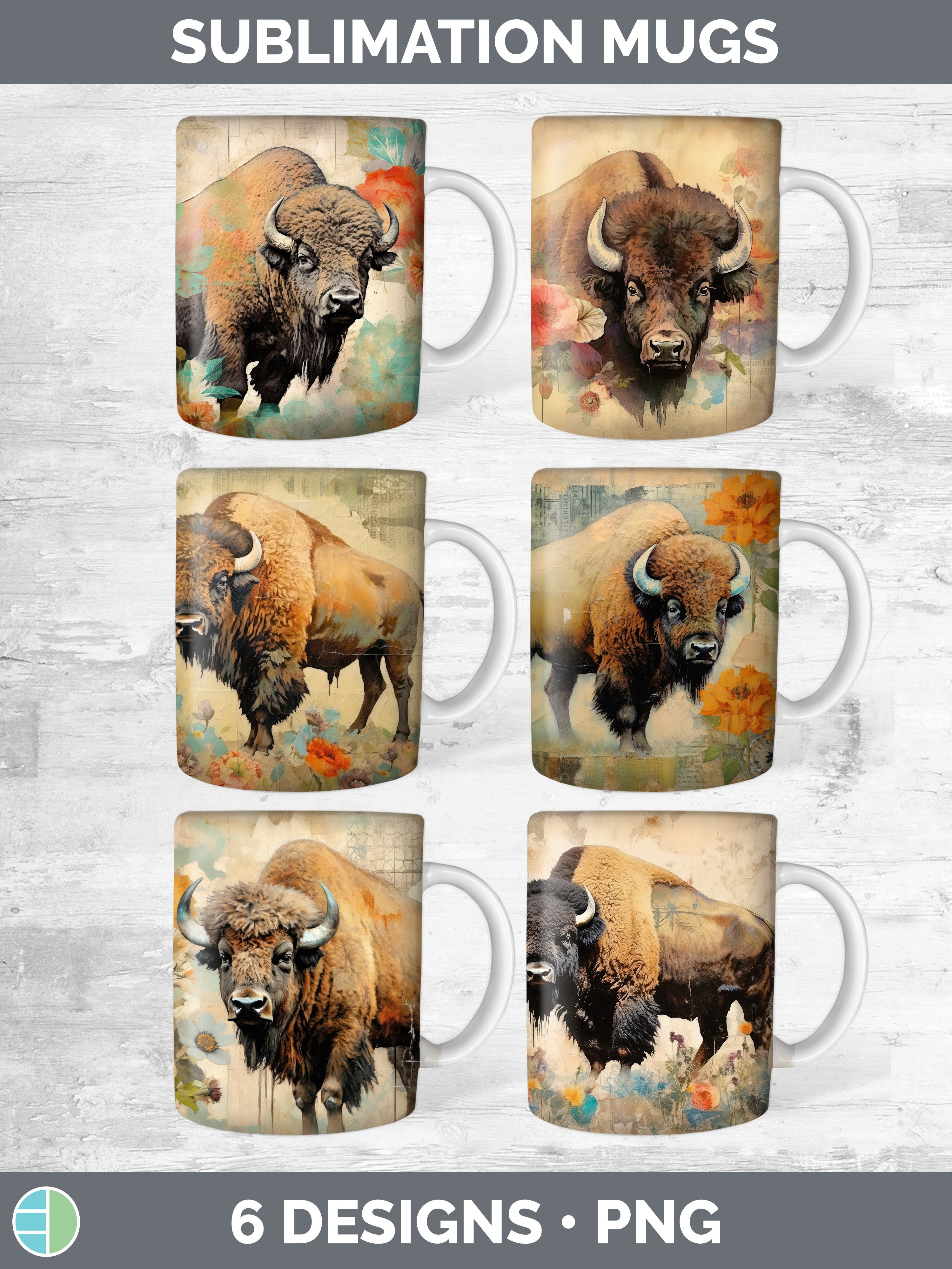Vintage Bison Mug Wrap | Sublimation Coffee Cup Designs Bund