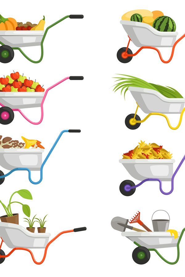 Set of wheelbarrows with different fruits and vegetables