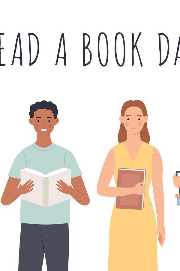 Read a book day. People standing with books, young men and w