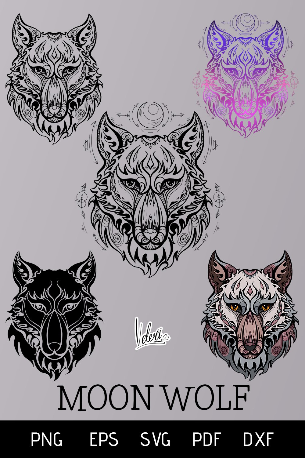 Set of Moon wolves heads with tribal decoration- 5 Variation