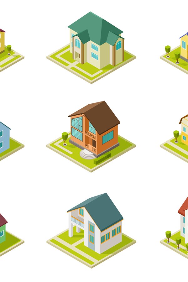 Isometric houses. Rural homes, building and cottages. 3d hou