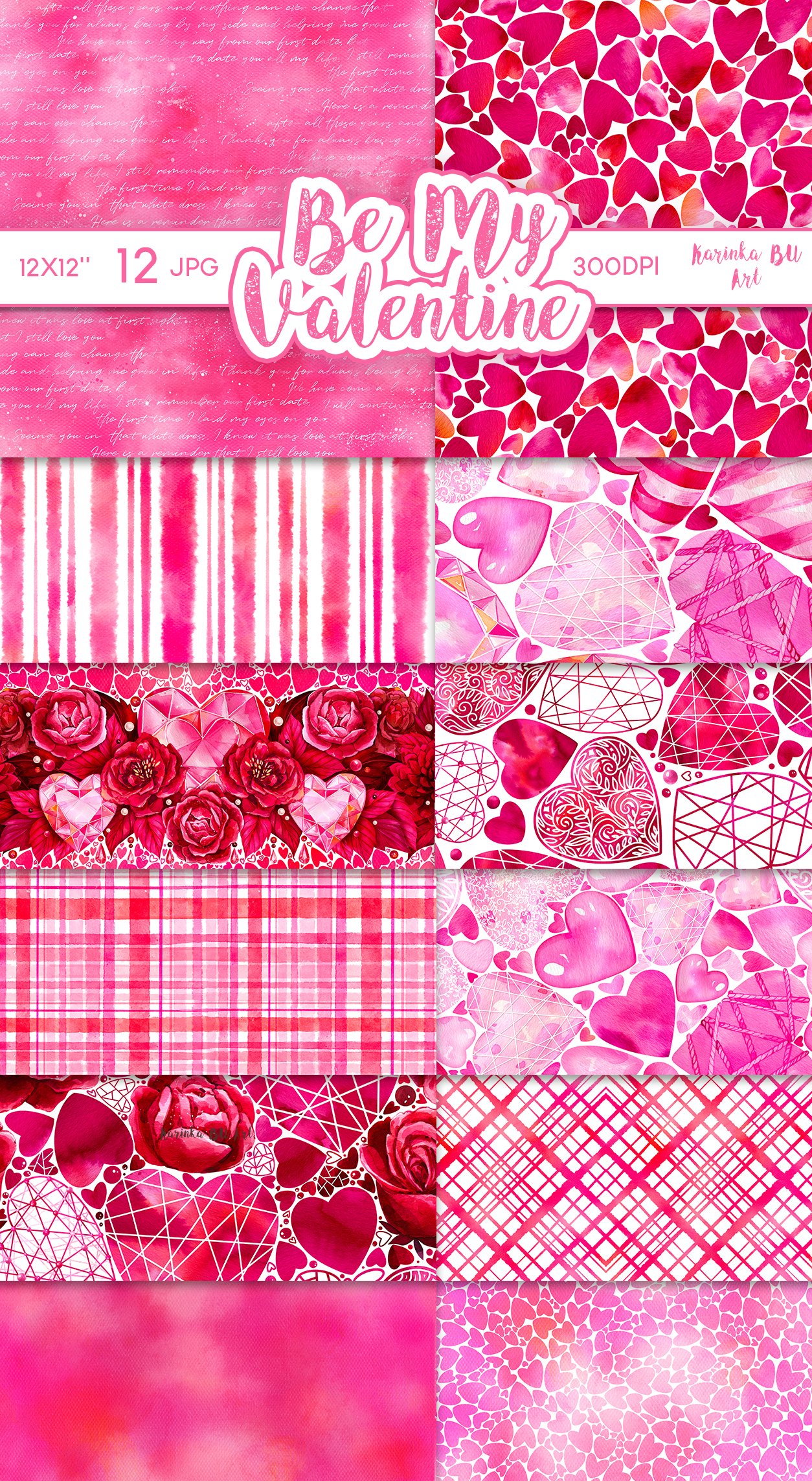 12 Watercolor Valentines Day digital papers clipart