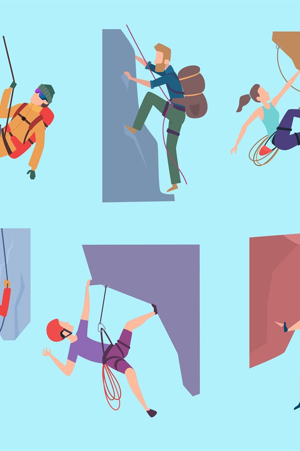 Climbing characters. Sport rocking people walking in mountai