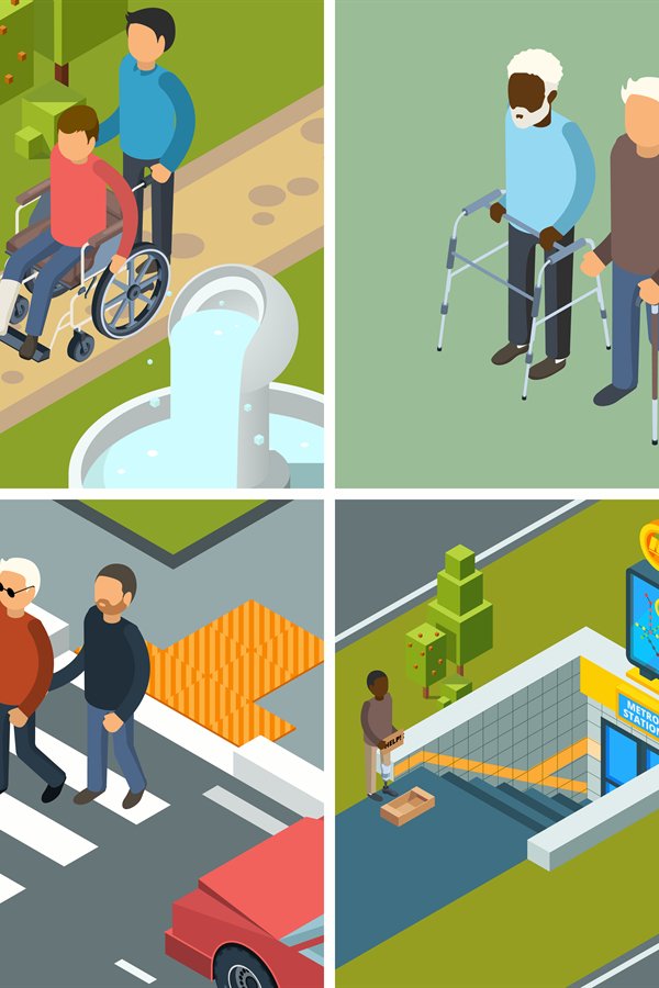 Disability in city. Urban healthcare invalids wheelchairs wa