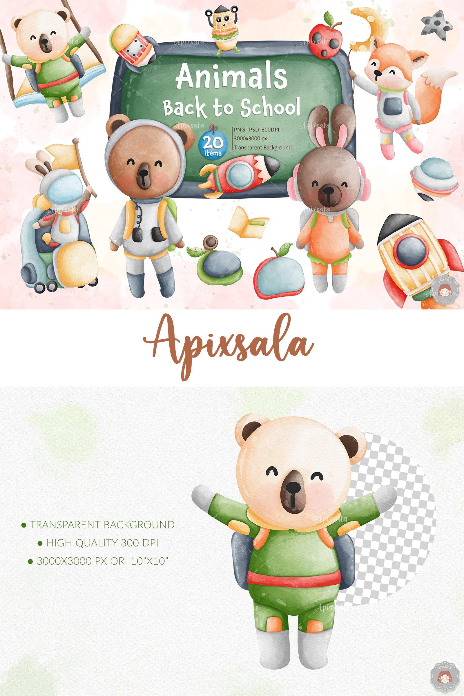 Watercolor Animals in space Back to School clipart