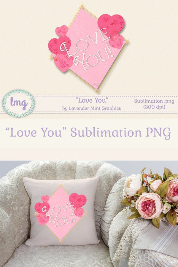 Love You Pink Hearts Gold Frame Diamond Sublimation PNG