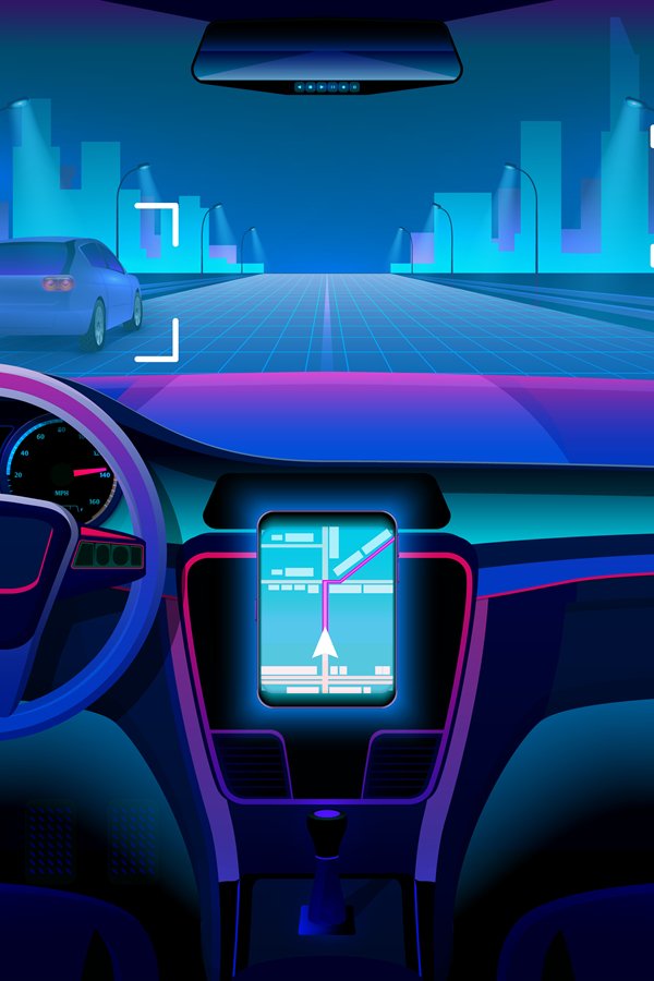 Future autonomous vehicle, driverless car interior with obst