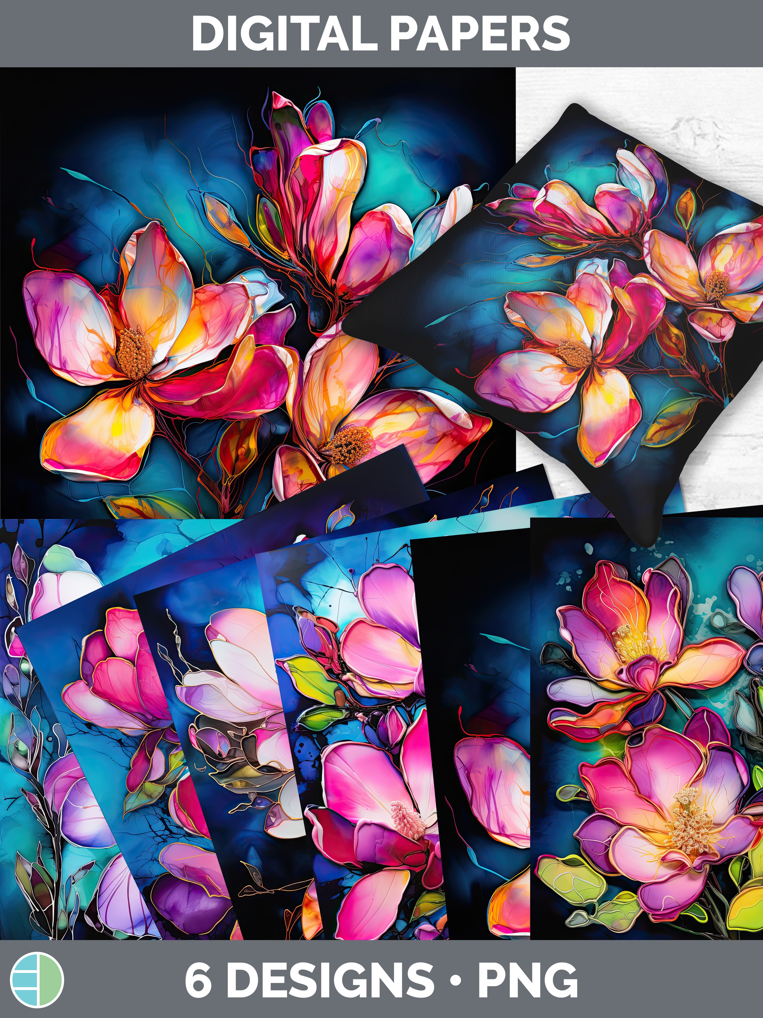 Neon Magnolia Flowers Paper Backgrounds | Bundle Digital Scr