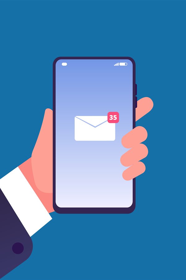 Email notification on smartphone. Hand with cell phone new m