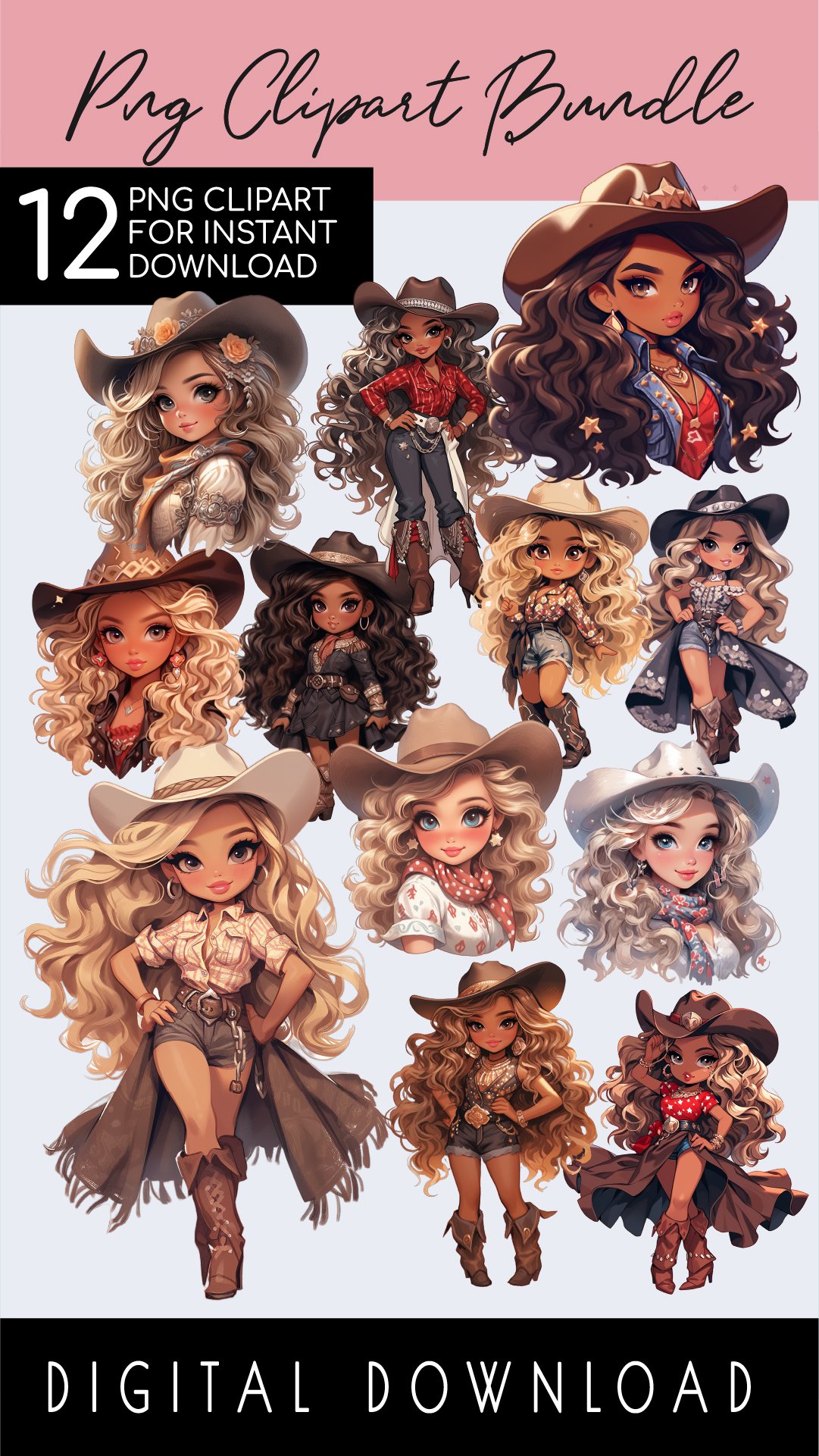Cute Cowgirl Clipart, Western Fashion Dolls Sublimation PNG