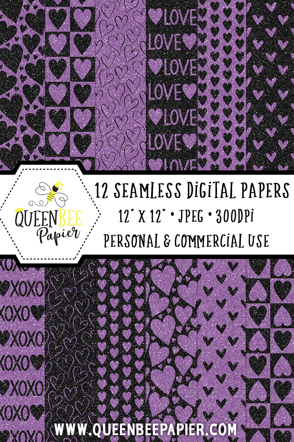 Black & White Glitter Heart Digital Paper Pack